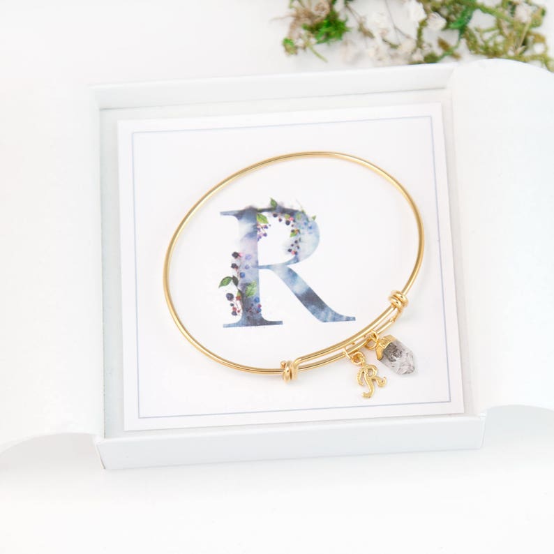 Personalized Birthday Gift, March Birthstone and Initial Bangle ...