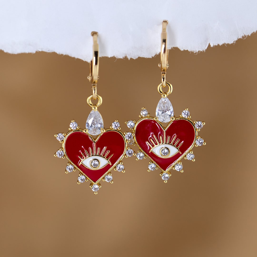 Heart Evil Eye Earrings, Sacred Heart Earrings, Diamond Earrings, Statement Earrings, Heart Hoop ...