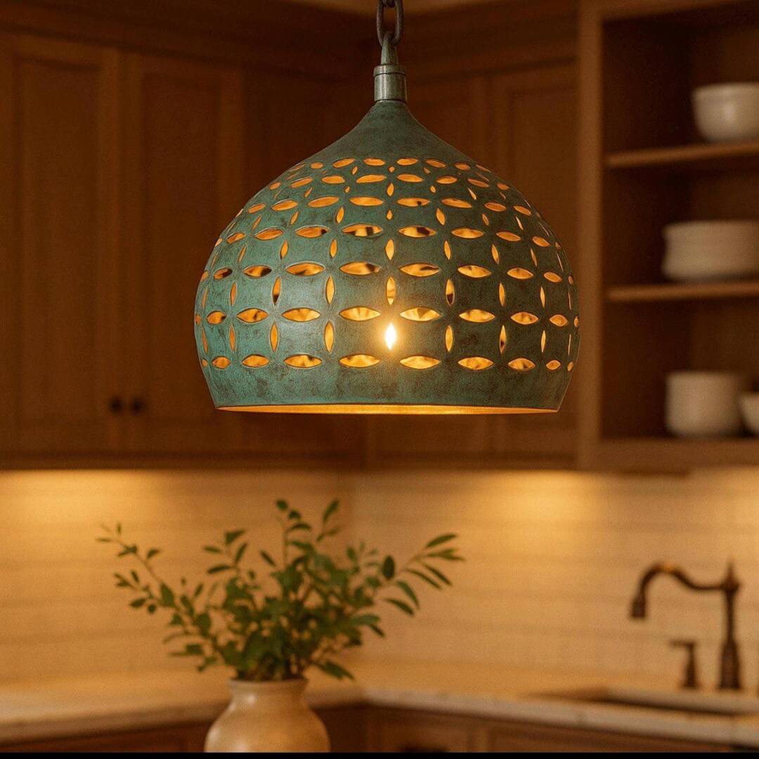 Handcrafted Teal Pendant Light : Suspension Artisanale Ajourée ...