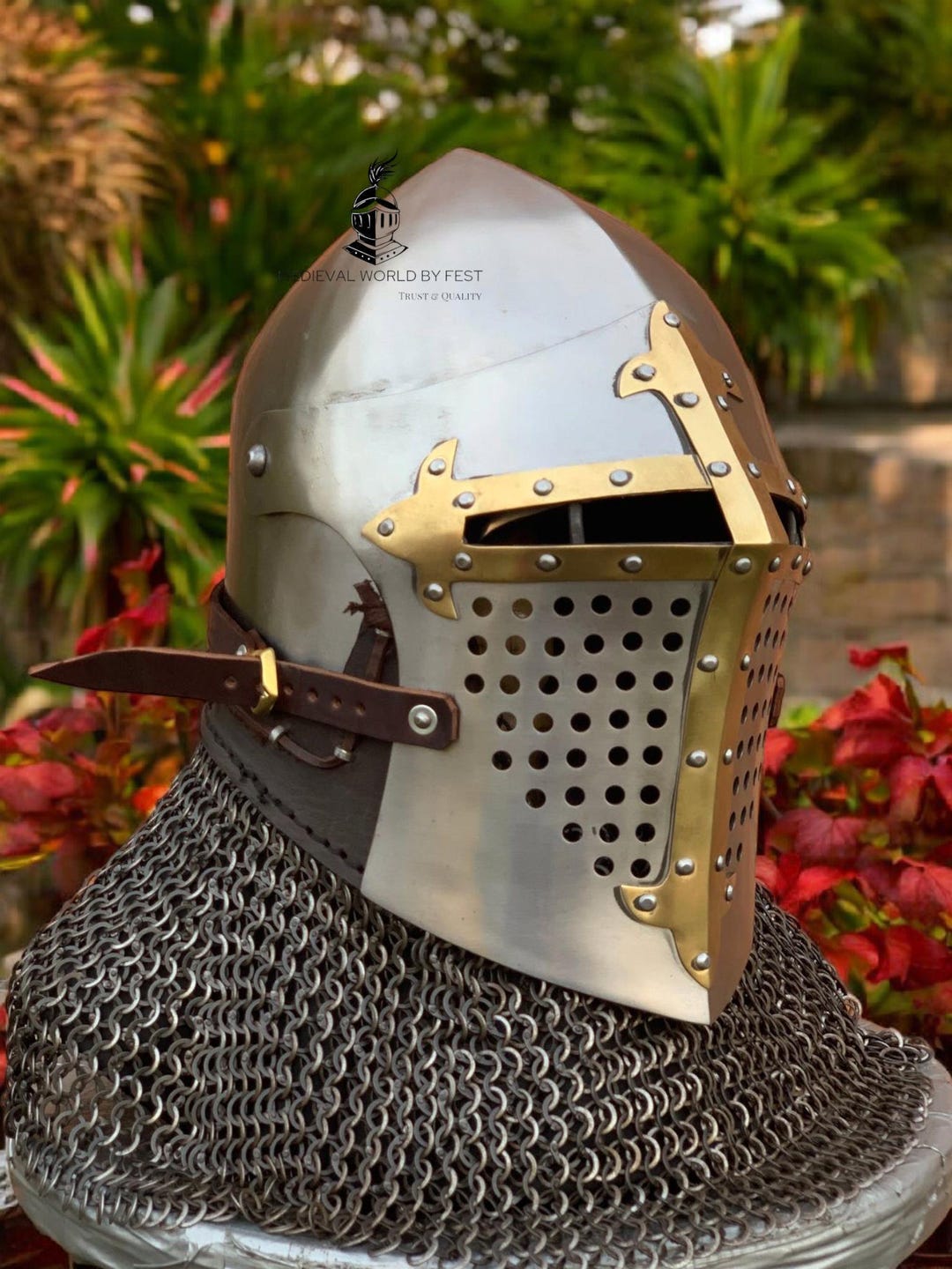 Templar Knight Helmet: Steel & Brass Crusader Armor With Chainmail - Etsy