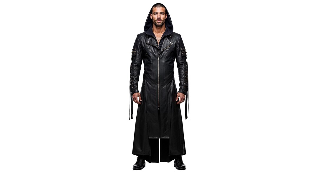 Men's Gothic Hooded Genuine Leather Duster | Cyberpunk Assassin Costume ...