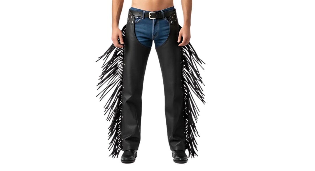 Men’s Leather Fringe Chaps | Black Western Cowboy Rodeo Style | Biker ...