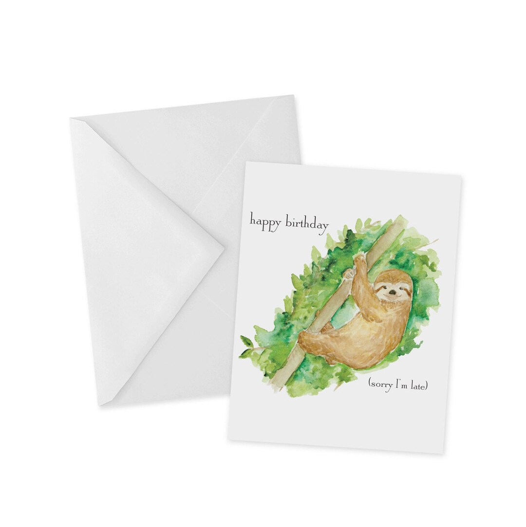 Party Sloth Birthday Card, Cute Watercolor Sloth Card, Belated Birthday ...