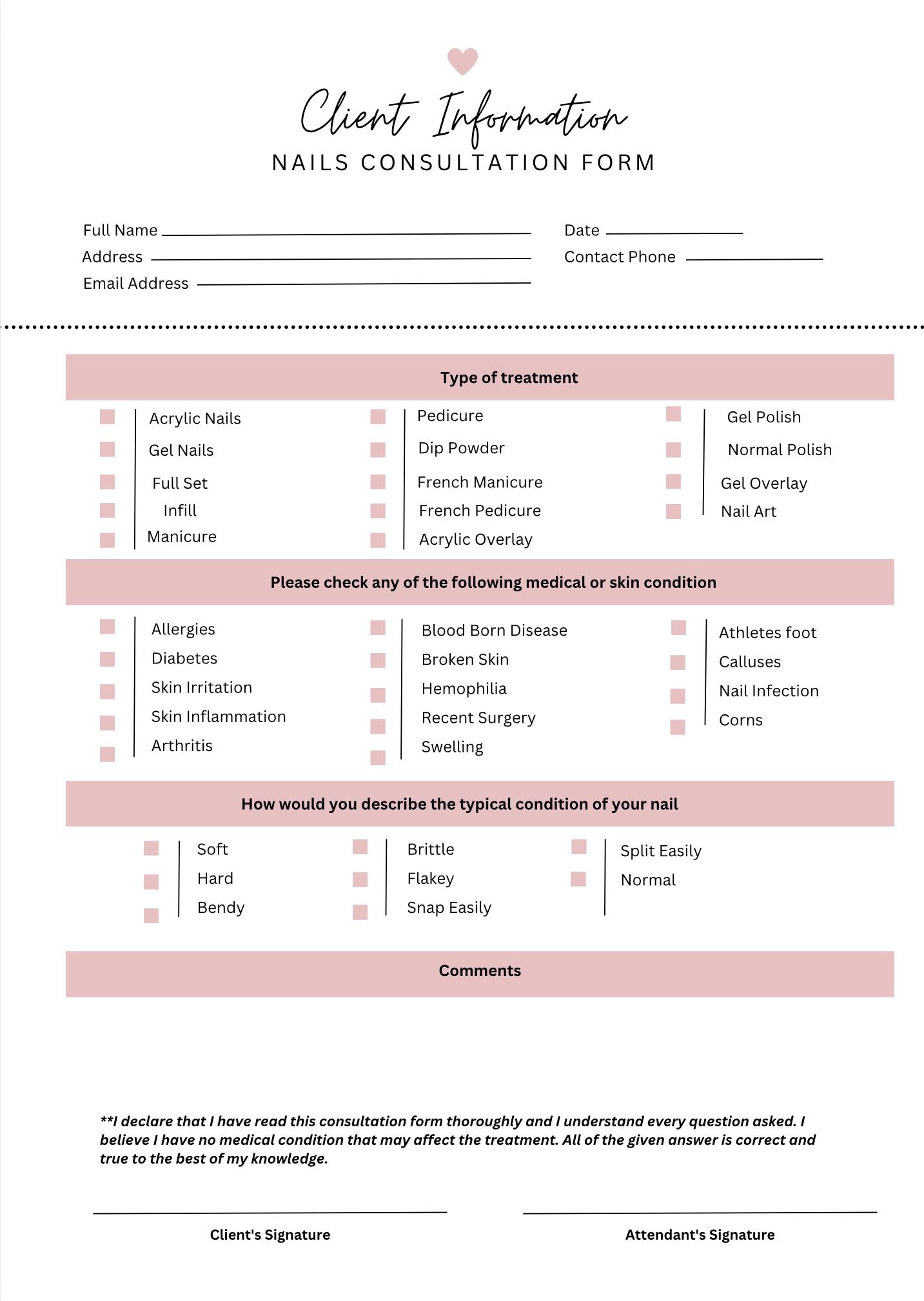 Printable Nail Salon Consultation Form|editable Client Information ...