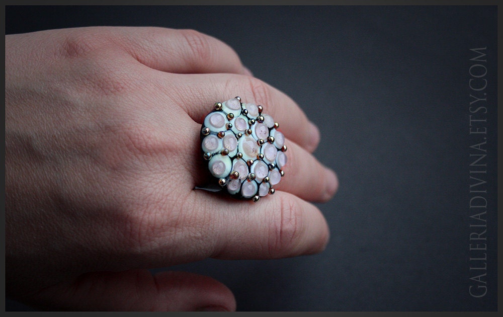 Lampwork Glass Ring Cocktail Ring Light Pink and Gold Golden Dots ...