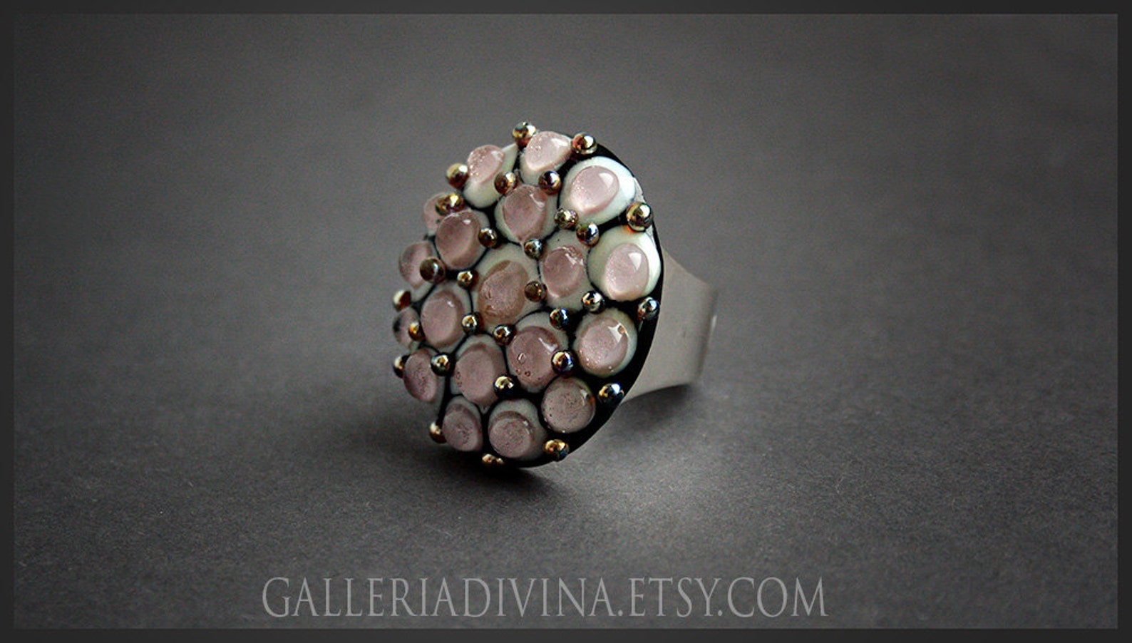 Lampwork Glass Ring Cocktail Ring Light Pink and Gold Golden Dots ...