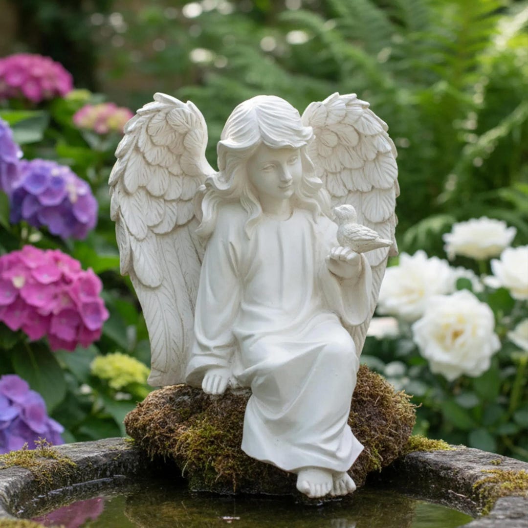 Elegant Angel Statue With Bird, White Resin Garden Angel Figurine for ...
