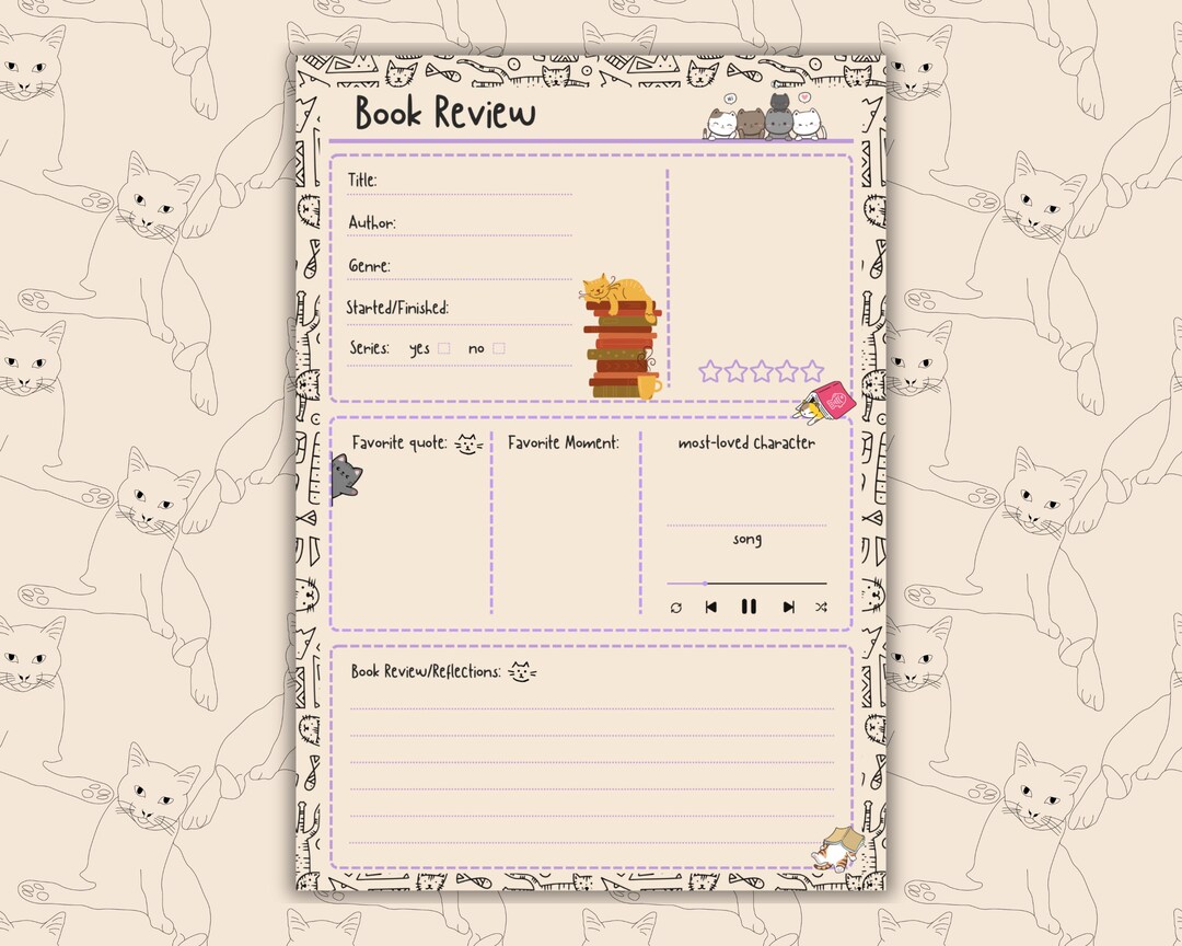 Cat-themed Book Review Template | Printable Reading Journal Page | Cute ...