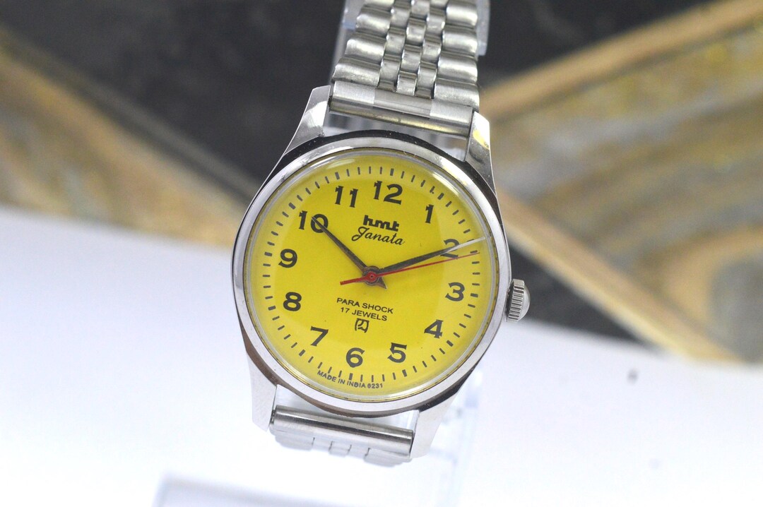 Vintage HMT Janata Yellow Dial Hand Winding17 Jewels Para Shock Indian ...