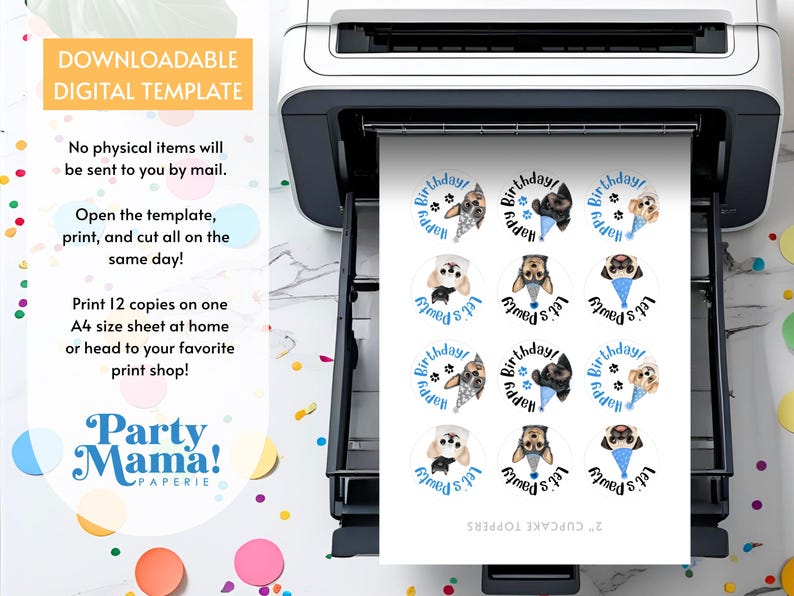 Printable “let’s Pawty” Cupcake Toppers, Blue Puppy Dog Theme for Kids ...