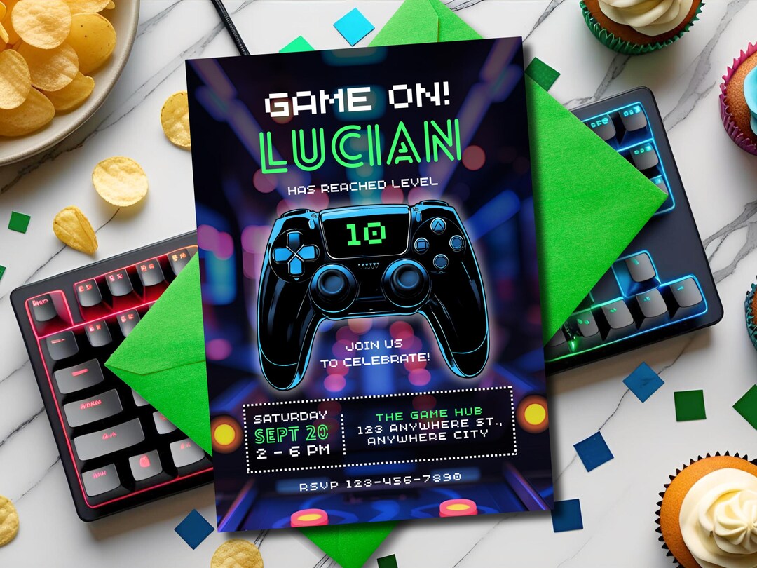 Gamer Birthday Invitation, Neon Video Game Party Template, Level up ...