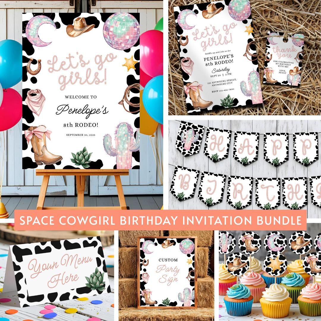 Editable Space Cowgirl Birthday Bundle, Disco Rodeo Printable Set ...