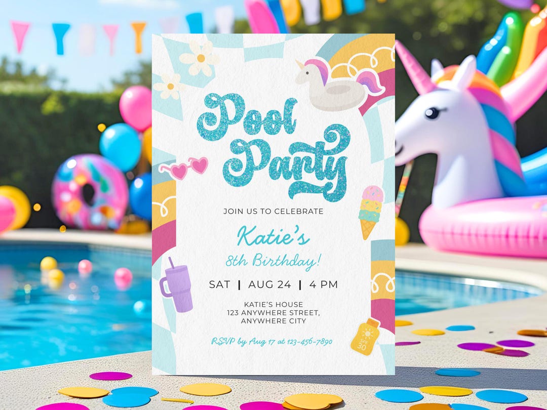 Editable Preppy Pool Party Invitation, Retro Glitter Invite Template ...