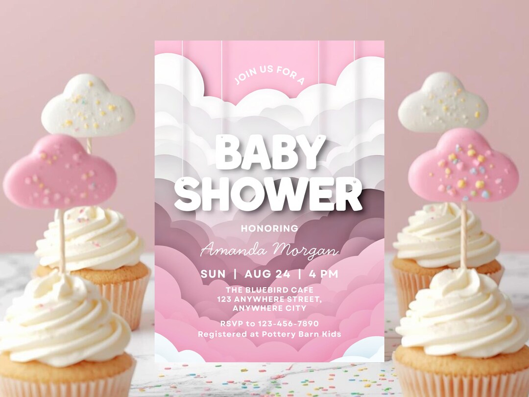 Unique Cloud Baby Shower Invitation Template, Editable Pink Cloud ...
