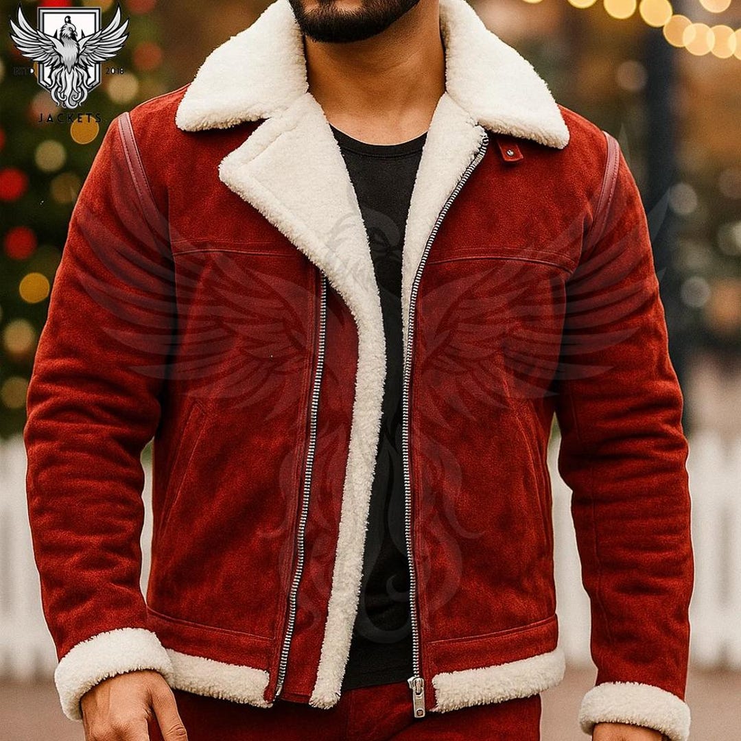 Christmas Suede Leather Jacket, Red Shearling Jacket, Santa Claus ...