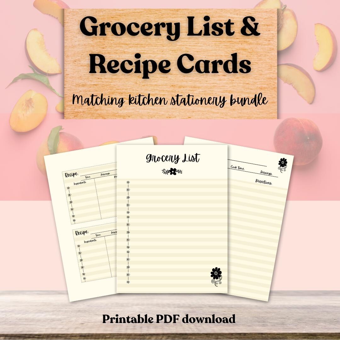 Printable Grocery List & Recipe Card Set: Matching Kitchen Stationery ...