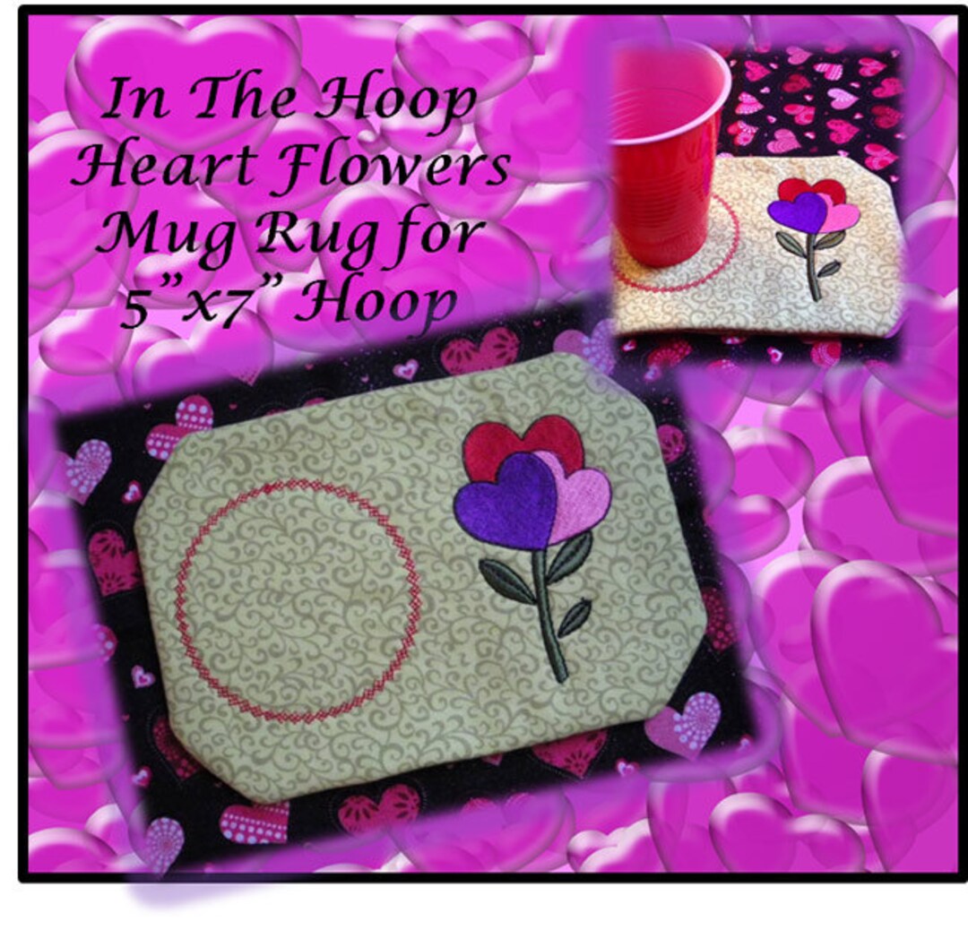 In the Hoop Flower Hearts Mug Rug Embroidery Machine Design for 5"x7 ...