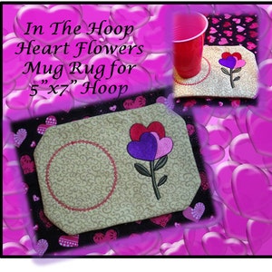 In the Hoop Flower Hearts Mug Rug Embroidery Machine Design for 5"x7 ...