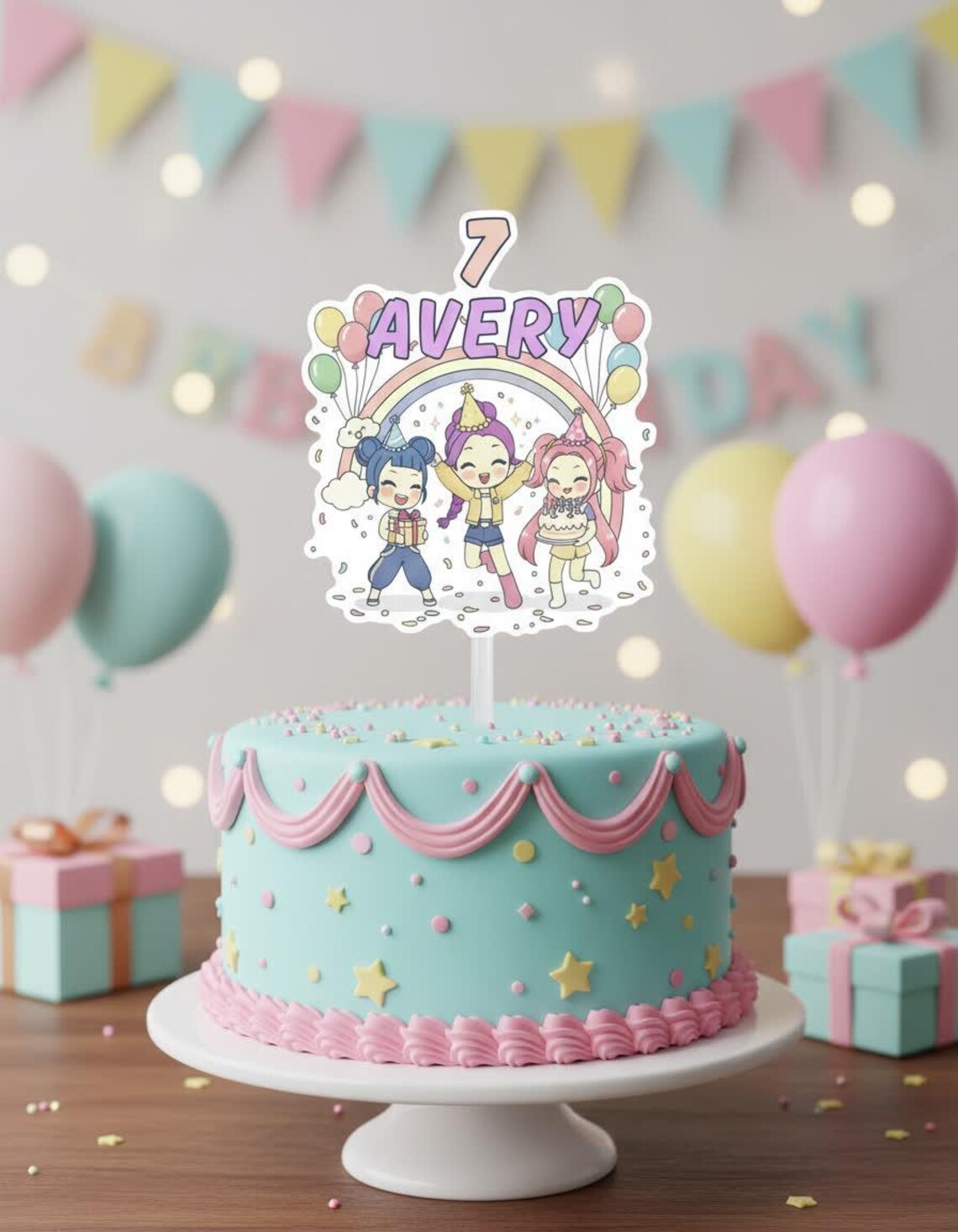 KPOP Demon Hunters Inspired Cake Topper - EDITABLE, Chibi Kawaii ...