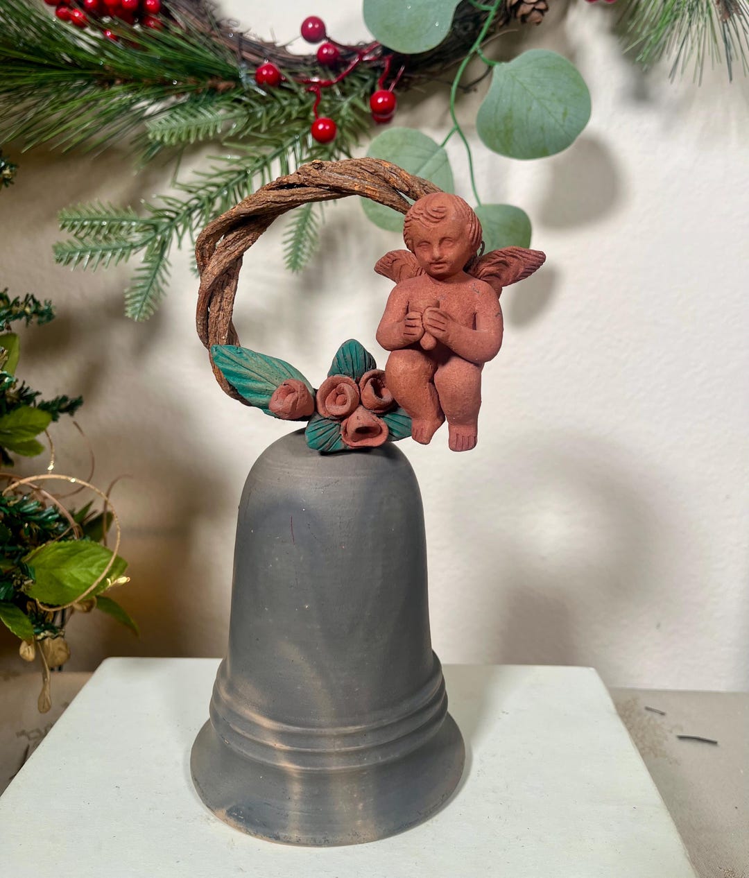 Handmade Terracotta Bell With Cherub Angel and Rose Wreath - Etsy