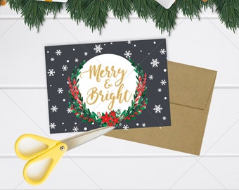 Christmas Card Printable, Merry and Bright Christmas Card, Watercolor ...