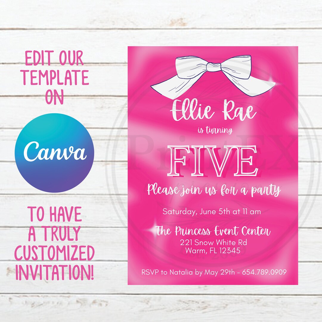 Girly Pink Bow Invitation, White Bow Invitation, Pink Invitation, Girls ...