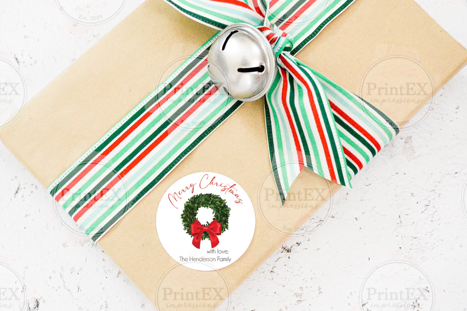 Personalized Christmas Wreath With Bow Personalized Christmas Sticker ...