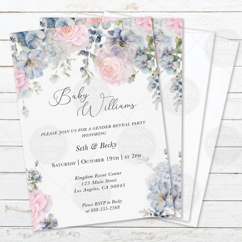 Beautiful Blue & Pink Floral Gender Reveal Party Invitation, Pink ...