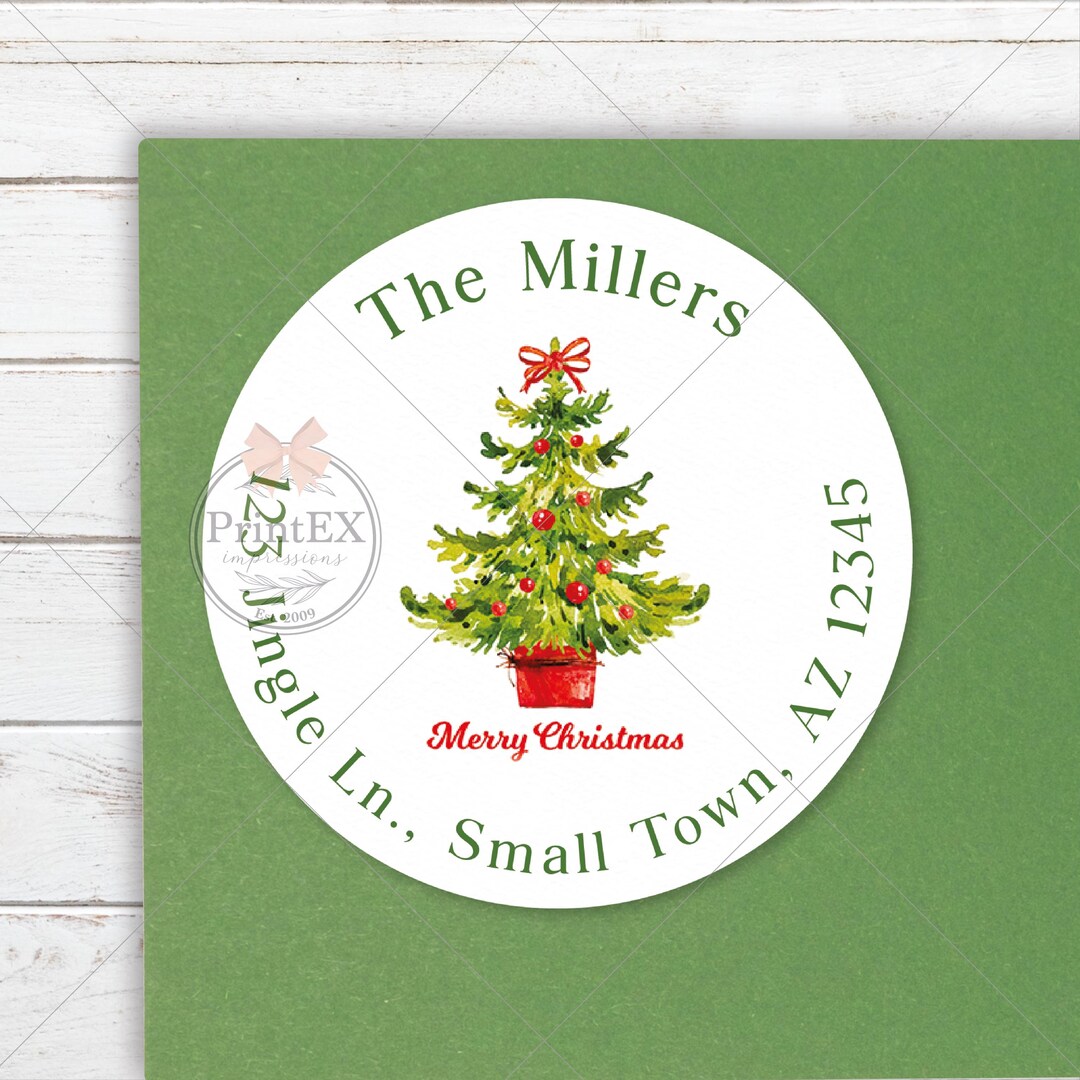 Merry Christmas Return Address Labels With Watercolor Christmas Tree ...