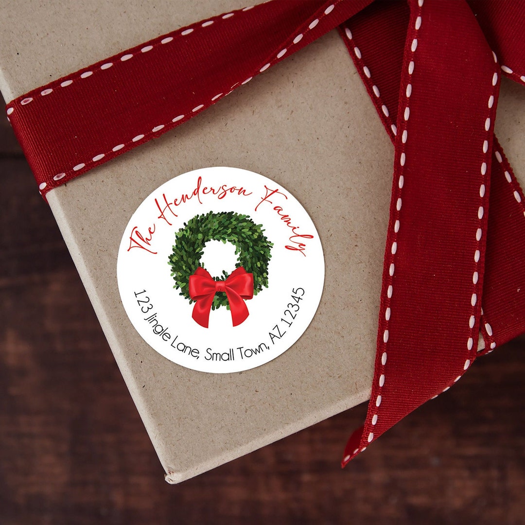 Christmas Wreath With Bow Personalized Return Address Labels, Circular ...