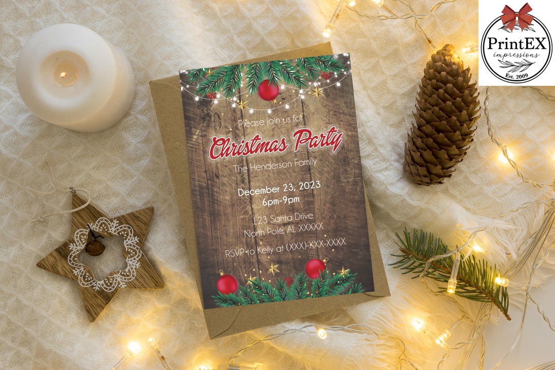 Personalized Christmas Party Invitation, Rustic, Lights, Red, Garland ...
