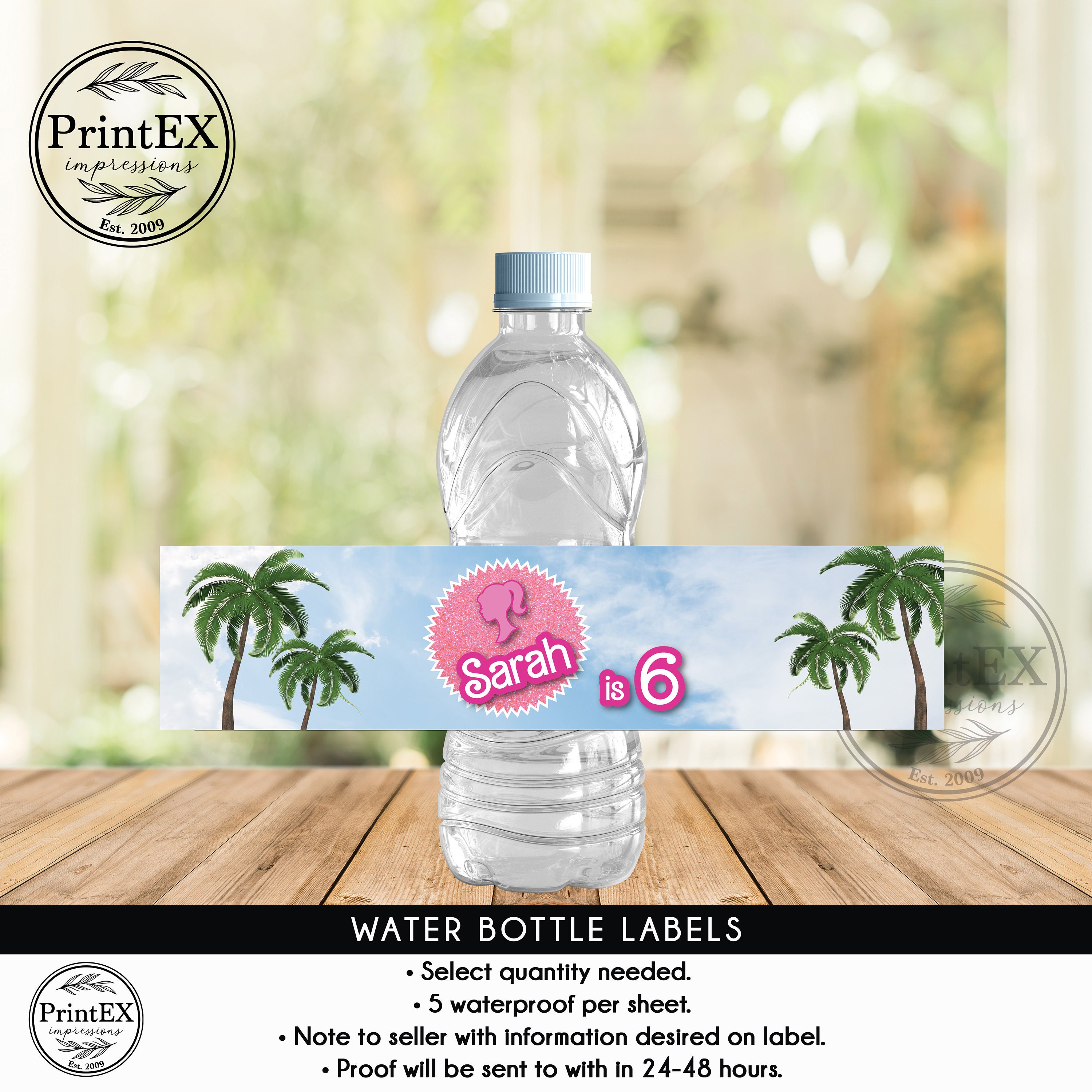 Personalized Pink Doll Girl Beach Themed Water Bottle Labels, Girl ...