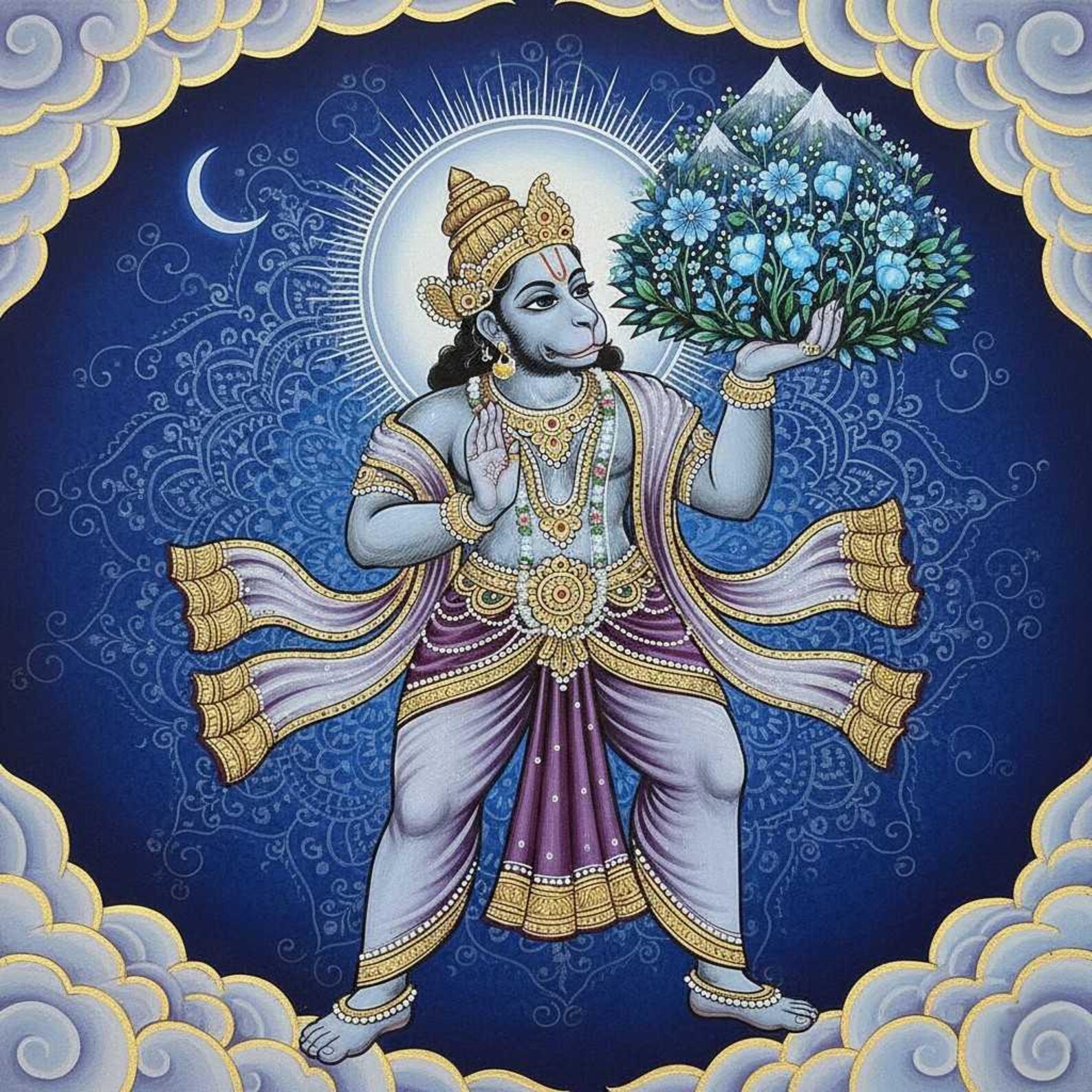 Lord Hanumanji Carrying Sanjeevni Maountain,tanjore Painting With Gold ...