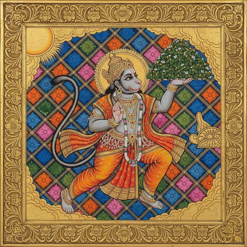 Lord Hanumanji Carrying Sanjeevni Maountain,tanjore Painting With Gold ...