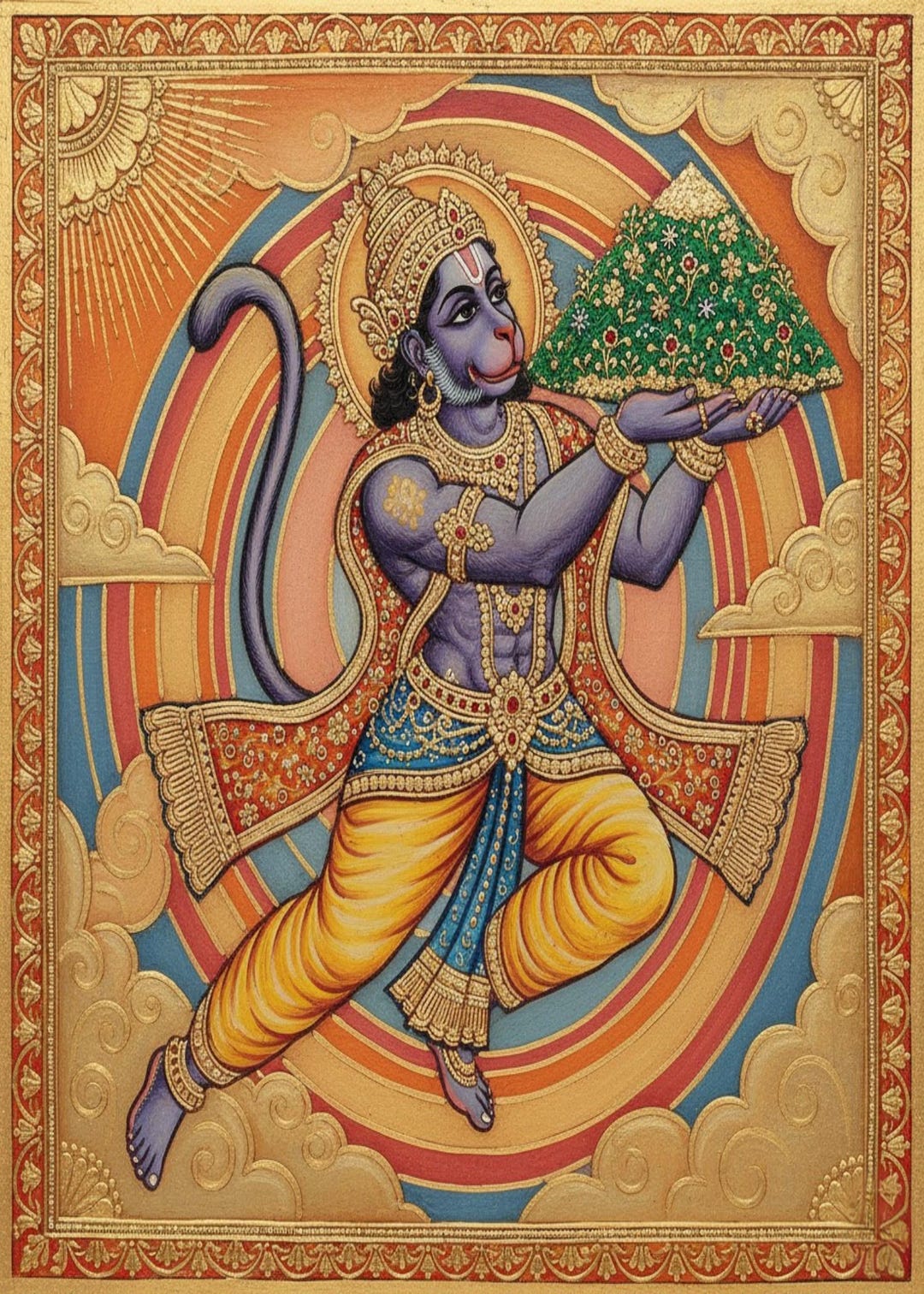 Lord Hanumanji Carrying Sanjeevni Maountain,tanjore Painting With Gold ...