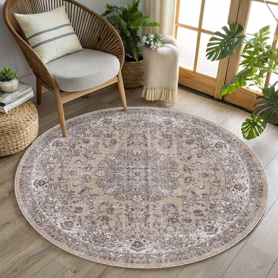 Round Neutral Area Rug, Medallion Turkish Rug, Traditional Faded, Boho ...