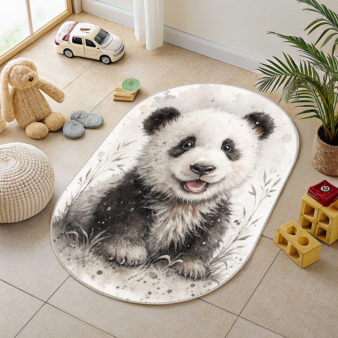 Panda Nursery Rug, Oval Area Rug for Kids, Baby Panda Decor, Minimalist ...
