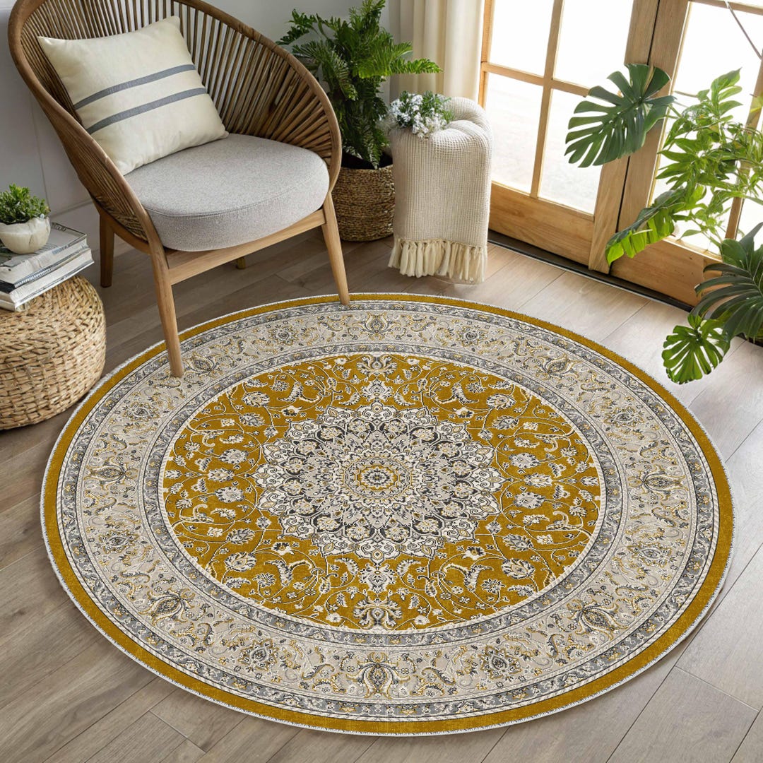 Tapis rond jaune moutarde, tons ambre et crème, oriental classique ...