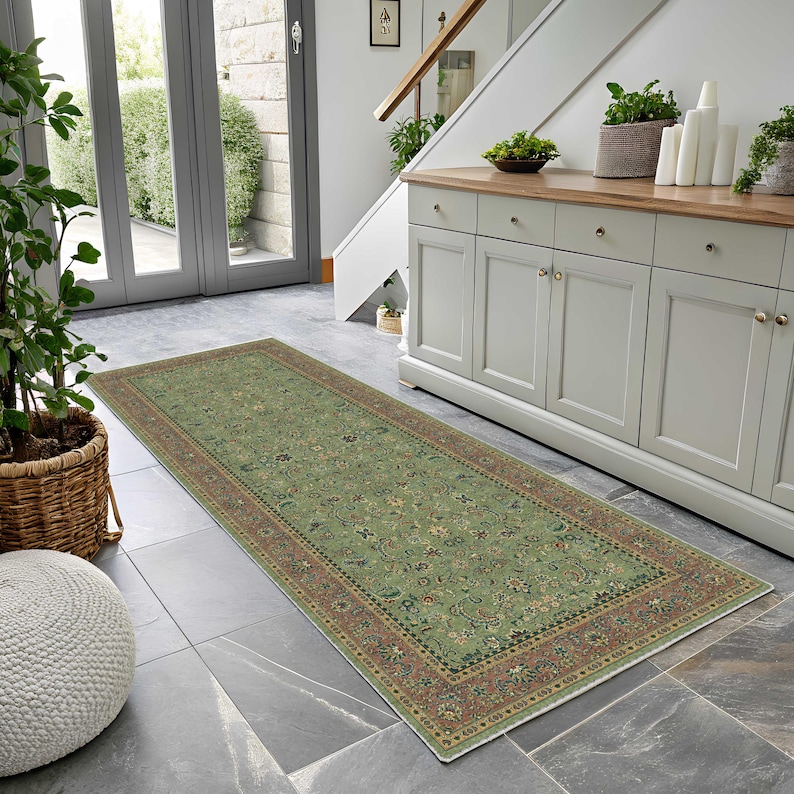 Olive Green Runner Rug, Traditional Hallway and Kitchen Rug, Turkish ...