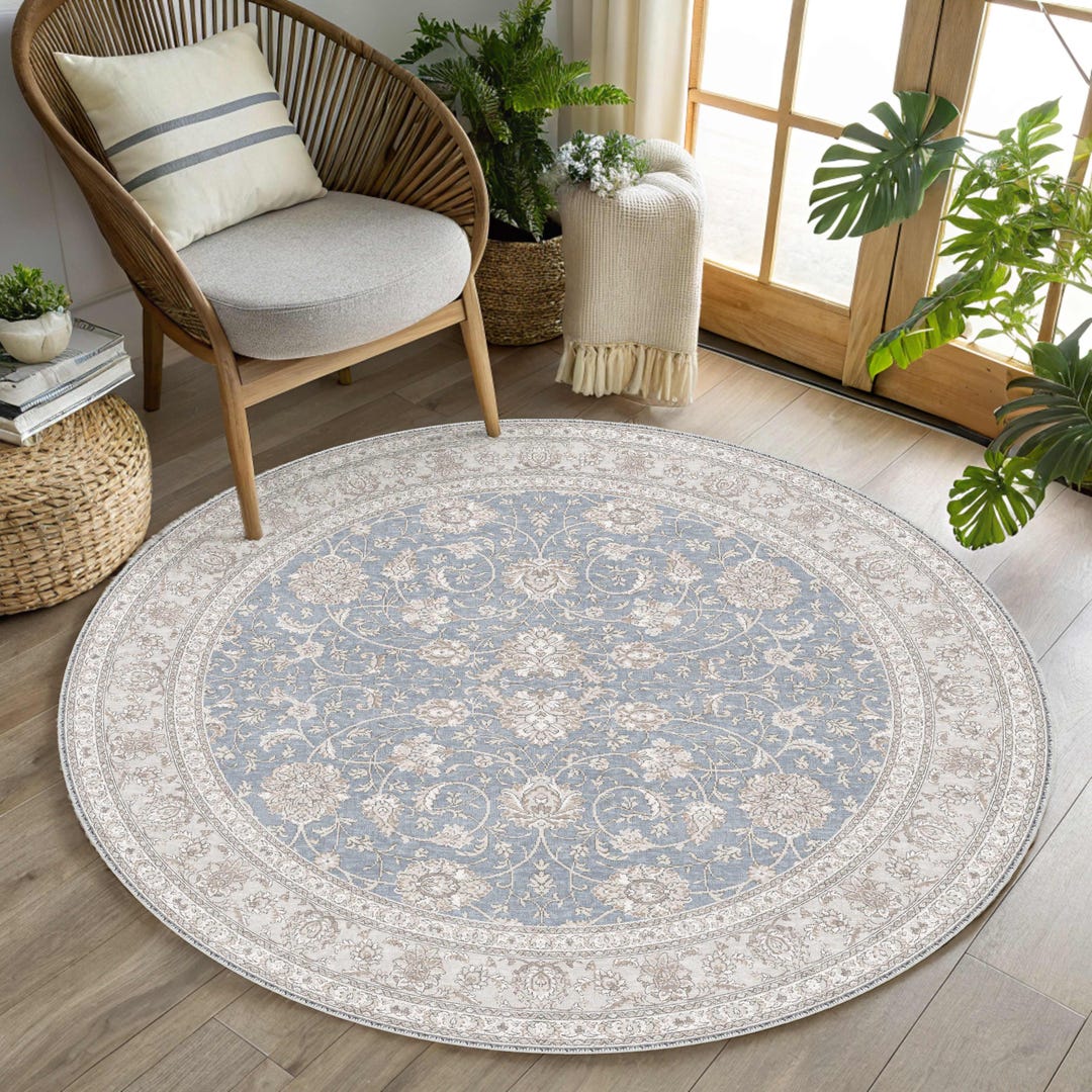 Unique Powder Blue Rug, Boho Floral Round Rug, Vintage Oriental, Rustic ...