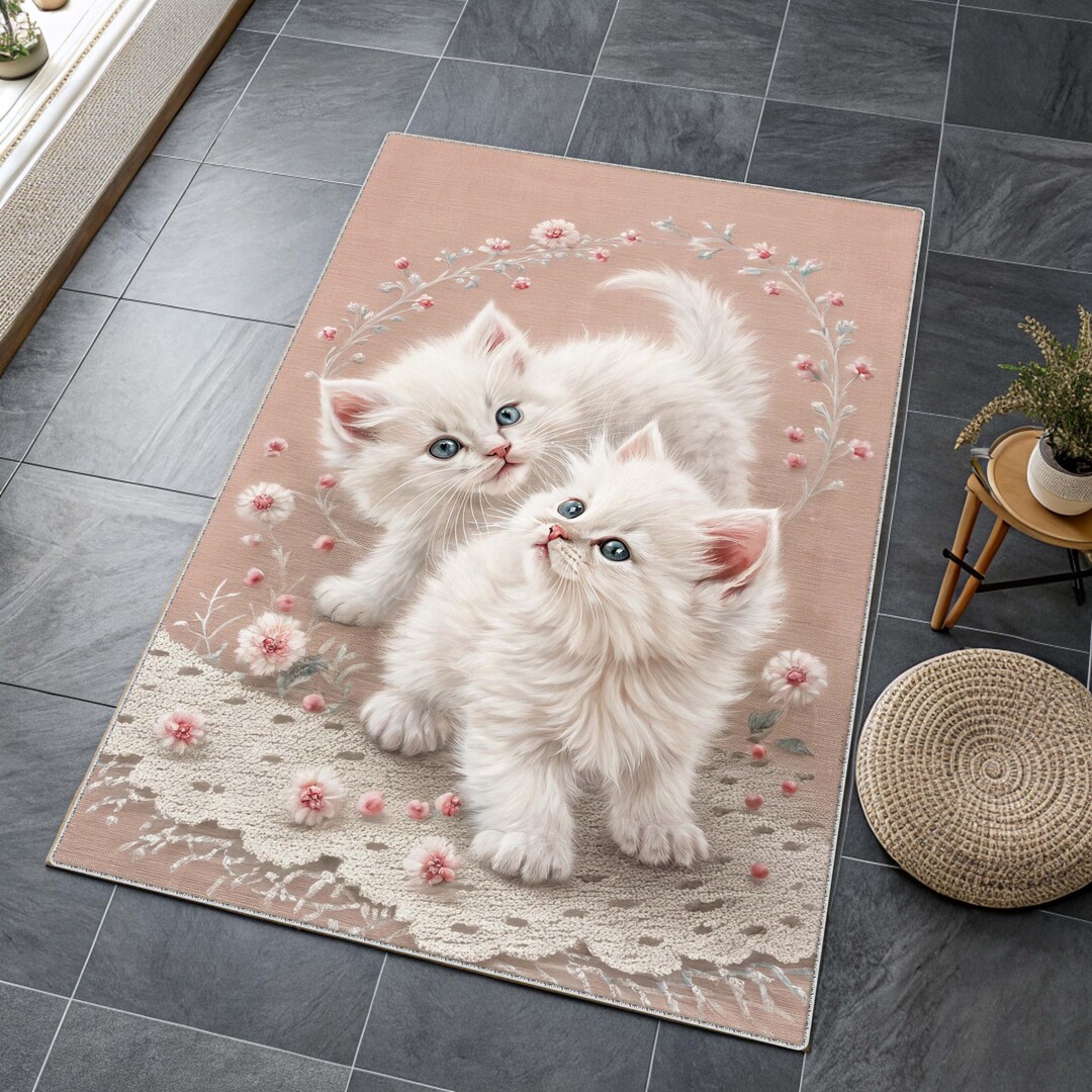 White Cat Area Rug, Rectangle Blush Animal Rug, Cute Aesthetic, Pink ...