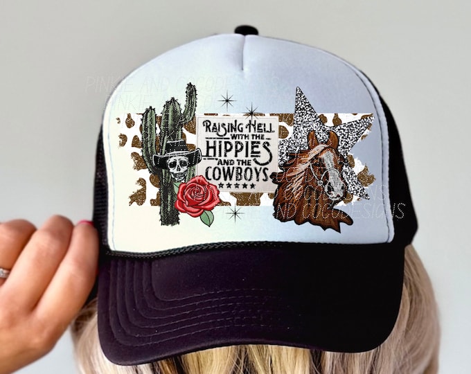 Trucker Hat Bar Faux Patch Png Hippies and Cowboys Raising Hell Embroidery PNG File, Digital ...
