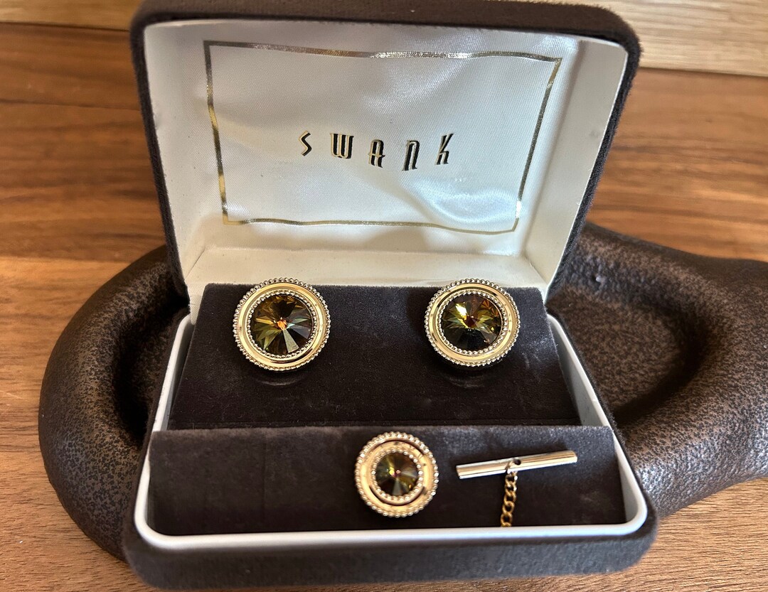 Vintage 60's "swank CUFFLINK Set" Smokey Topaz Rivoli Stone Gold Toned ...