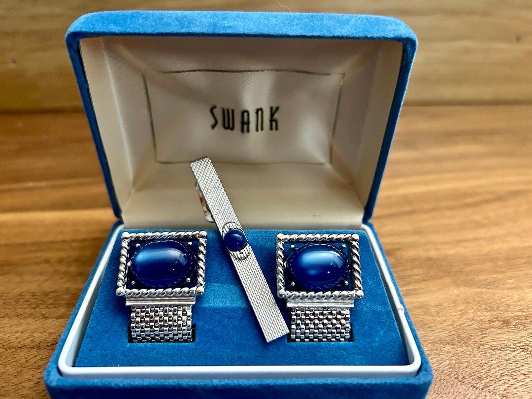Vintage 60's "swank CUFFLINK Set'" Silver Toned Square Framed Meshed ...