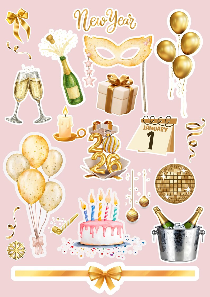 New Year Stickers 2026 | Gold Celebration Clipart PNG | Champagne Party ...