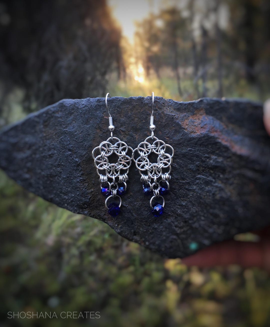 Chainmail Flower Drop Earrings With Blue Glass Beads - Etsy