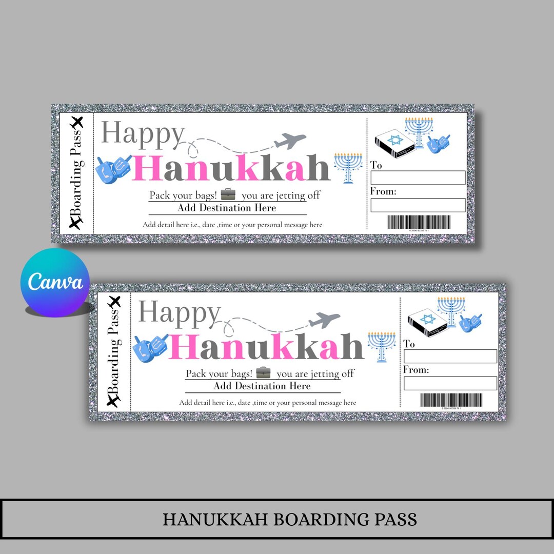 Hanukkah Boarding Pass Printable Surprise Gift Voucher | Editable ...