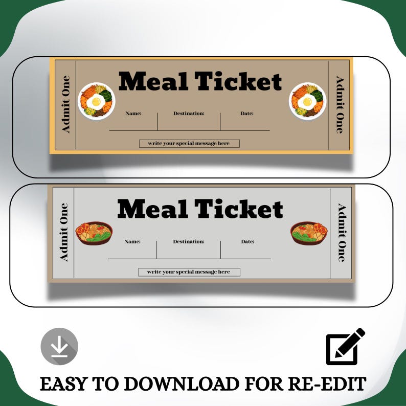 Editable Meal Ticket Template | Printable Food Voucher | Personalized ...