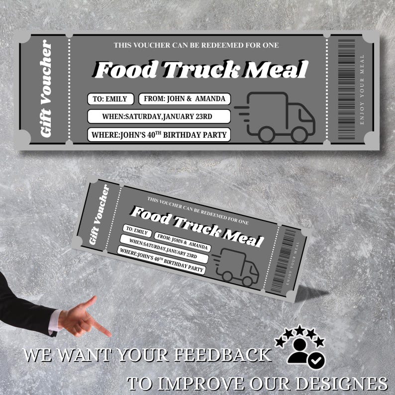 Customizable Digital Editable Food Truck Meal Ticket | Printable Gift ...