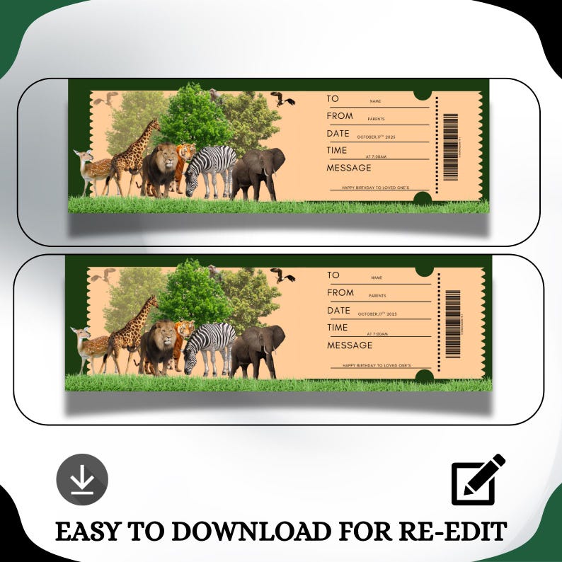 Zoo Ticket | Printable Birthday Invitation & Gift Voucher | Editable ...